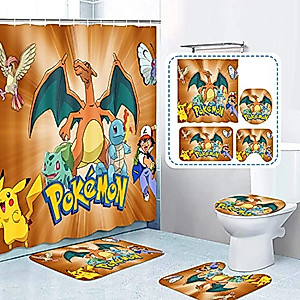 YQPBZCHH 4 Pcs Cartoon Shower Curtain Sets with Non-Slip Rug,Toilet Lid Cover and Absorbent Carpet Bath Mat,Durable Waterproof Shower Curtain with 12 Hooks for Bathroom 70.8" 70.8" (A15)