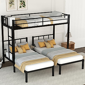 L Shaped Metal Triple Bunk Bed for 3 Kids, Twin over Twin & Twin Bunk Beds with Build in Ladder and Guardrails, Twin over Twin & Twin XL Triple Bunk for Kids, Teens, Adults, Black Triple Bunk Bed