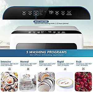 COSTWAY Portable Countertop Dishwasher, Compact Dishwasher with 5 L Built-in Water Tank, 5 Washing Programs, Air-dry Function, Fruit Washing, Delay Function, Mini Dishwasher for Apartment, RVs, White