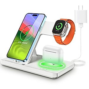 3 in 1 Charging Station for Apple Devices,Fast Charger Stand Dock for iWatch & Airpods iPhone 14/13/12/11/10/ Pro/X/Max/XS/XR/8/7/Plus/6s/6 with Adapter(White)