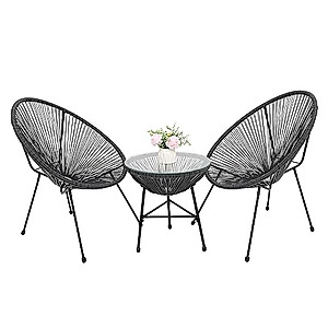 voqoomkl 3-Piece Outdoor Acapulco Chair, All-Weather Weave Lounge Chair,Patio Conversation Bistro Set with Glass Top Table,Balcony Chair Egg Chairs for Porch, Lawn, Balcony, Poolside Seating