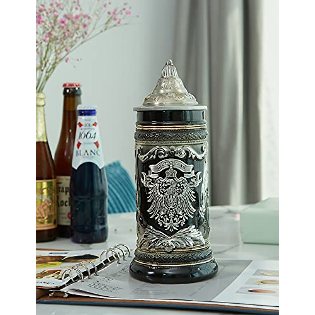 HAUCOZE Beer Stein Mug German Eagle Medallion Stanley Viking Tankard with Petwer Lid Birthday Gifts 0.6Liter