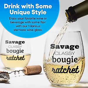 Savage Classy Bougie Ratchet Funny Wine Glass - Stemless Glass to Drink Wine, Cute Wine Glass for Any Occasion, Funny Wine Cup Made in the USA by Age of Sage, 15 oz