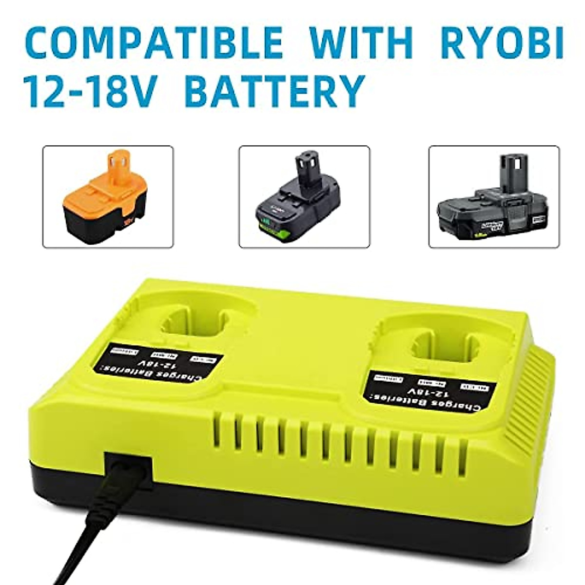 Energup Replacement 2Port P117 Dual Chemistry 18V Battery Charger for Ryobi 18V Battery ONE+ P117 P118 for Ryobi 18V Max Lithium NiCd Battery P100 P102 P103 P105 P107 P108 Ryobi Battery Charger