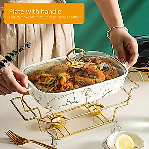 Ceramics Chafing Dish Buffet Set,Marble Finish Chafers and Buffet Warmers Sets,Food Warmer with Gold Accents,Rectangular Chafers Server with Glass Lid for Buffet Home Banquets Restaurant