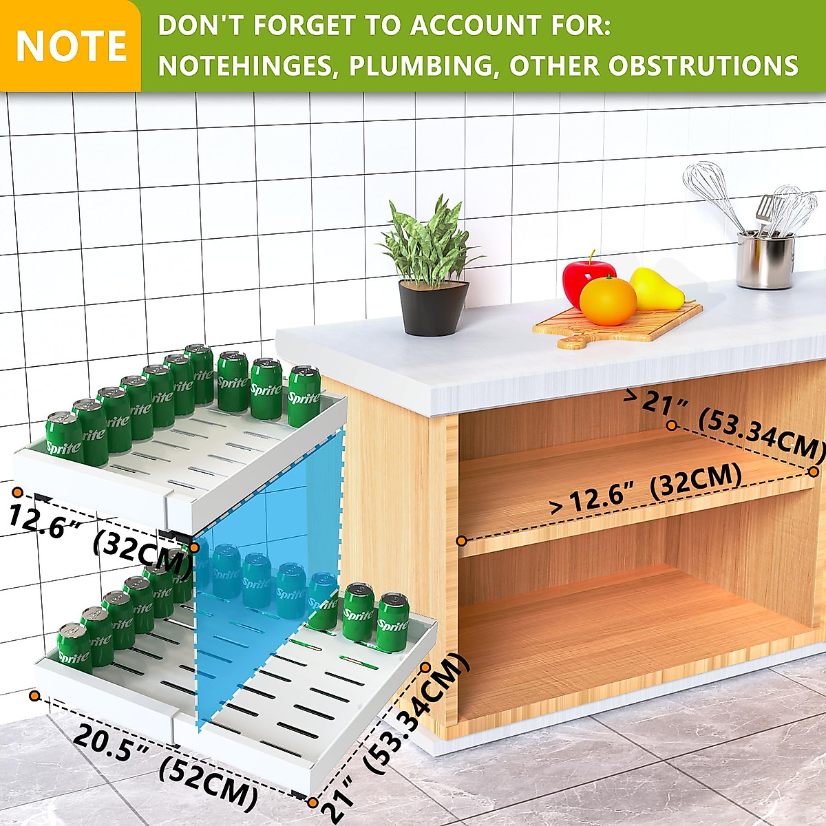 2 Pack Pull Out Cabinet Organizer 21" Deep Expandable Slide Out Drawer Organizers,No Drill Pull Out Drawers Adhesive with Nano Compatible Framed Cabinets Shelves For Kitchen Pantry Adjustable Width