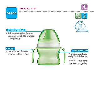 MAM Starter Cup (1 Count), MAM Sippy Cup, Drinking Cup with Extra-Soft Spill-Free Spout and Non-Slip Handles, for Boys 4+ Months, Five Ounces, Blue