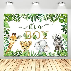 HIPVVILD Safari Baby Shower Backdrop Decorations Boy - Jungle Animal Theme Baby Boy Background Banner Supplies, Safari Jungle Theme Baby Shower Photography Background Photo Booth Banner | 5x3ft