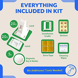 Eco-Baby Cabinet Locks for Babies - 20-Pack Magnetic Baby Proof Safety Latches﻿, 3 Keys - Magnetic Child Proof Cupboard Drawers, Doors - Easy Installation No Drilling or Tools Required