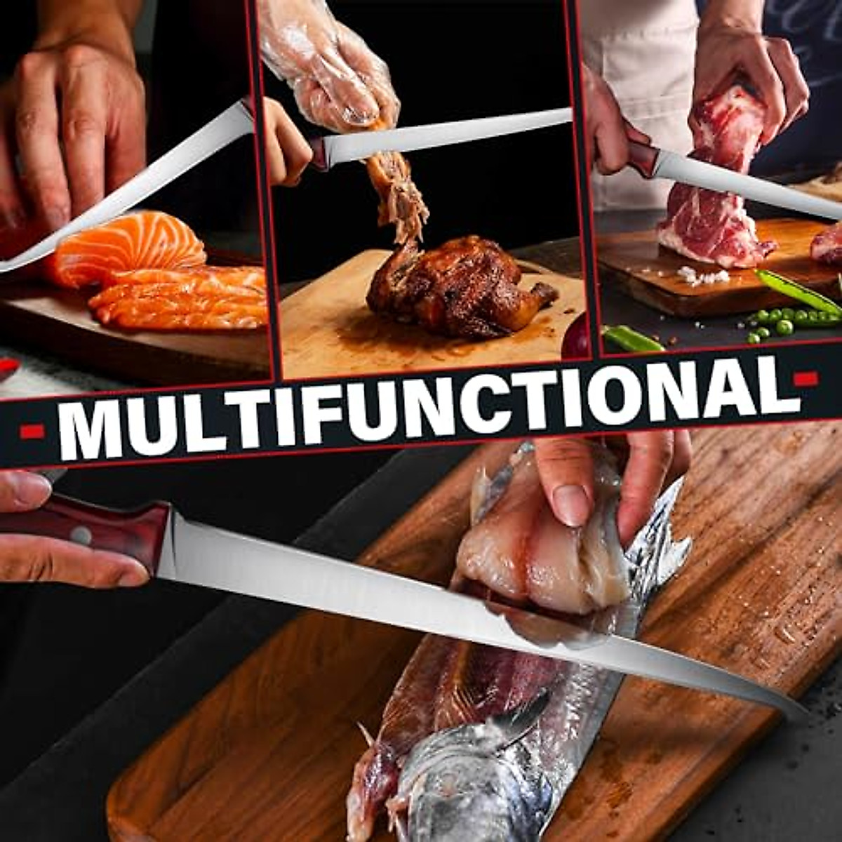 TAN REN Fillet Knife 9 inch, Professional Fish Knife for filleting, Stainless Steel Boning Knife for Meat Cutting, Fishing fillet knife with Full Tang Ergonomic Handle, Father's Day Gift