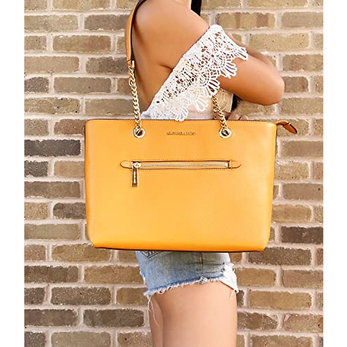 Michael Kors Jet Set Medium Leather Front Pocket Zip Chain Tote Bag (Honeycomb Yellow)