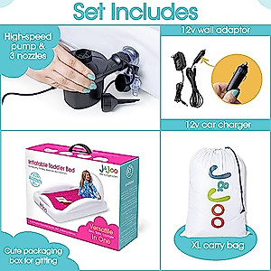 J&JOO Inflatable Toddler Travel Bed with Safety Bumpers & Backrest, Portable Kids Air Mattress for Travel, Camping or Hotels, Includes High Speed Pump, Pink, (Pink)