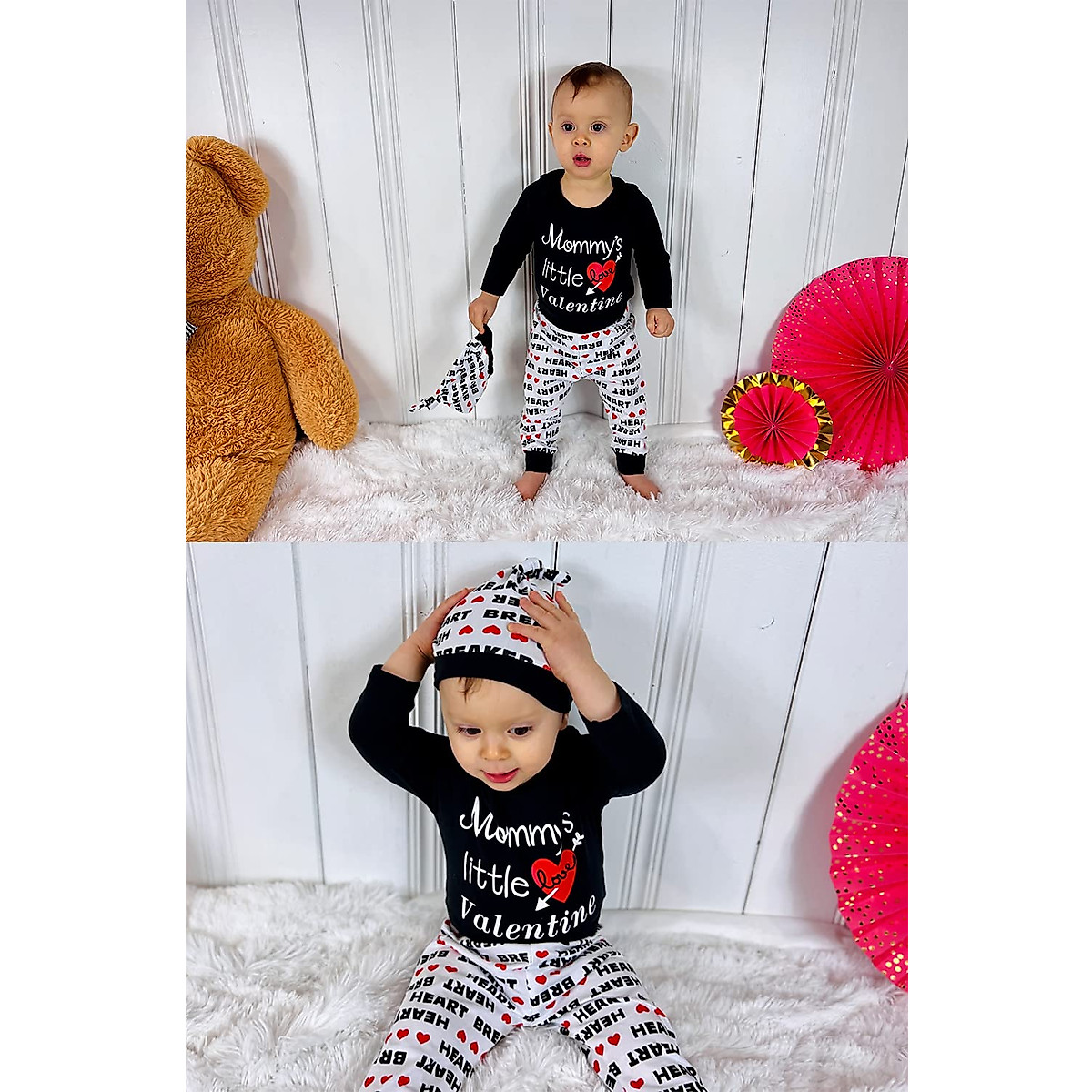 Yruiz 3PC Baby Boys' Mommys' Little Valentine Heart Breaker Outfit Long Pants with hat (6-12 Months)