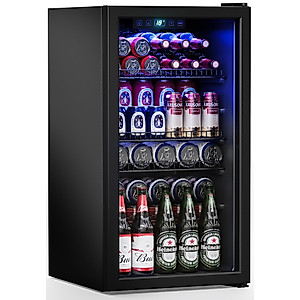 Manastin Beverage Refrigerator Cooler-120 Cans Freestanding Mini Fridge Cooler with Glass Door, Adjustable Shelves & Digital Temperature Display for Soda, Wine or Beer (Black, 3.2 Cu.Ft)
