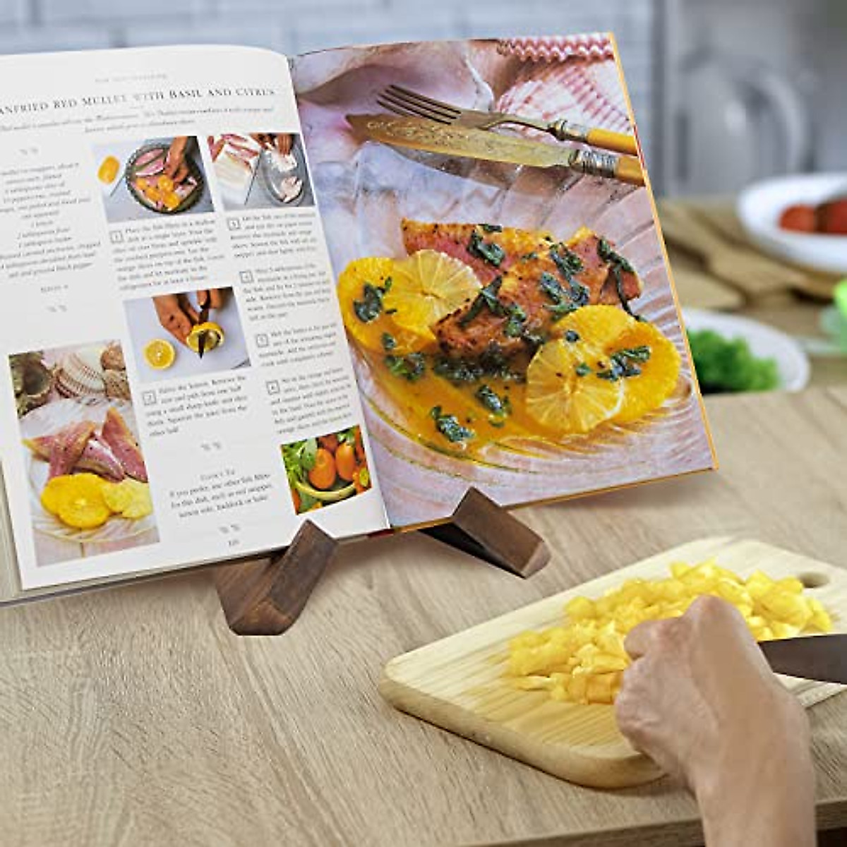 PUERSI Cookbook Stand for Kitchen, Recipe Book Holder for Kitchen Counter, Wooden Cookbook Holder, Rustic Cook Book Holder Stand - Rustic Brown