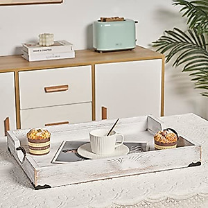 Large Wood Rectangular Serving Tray 20 x 14 Inch Rustic Wooden Ottoman Tray with Metal Handle and Wrapped Corners, Wood Coffee Table Tray Solid Pine Decorative Tray Whitewashed