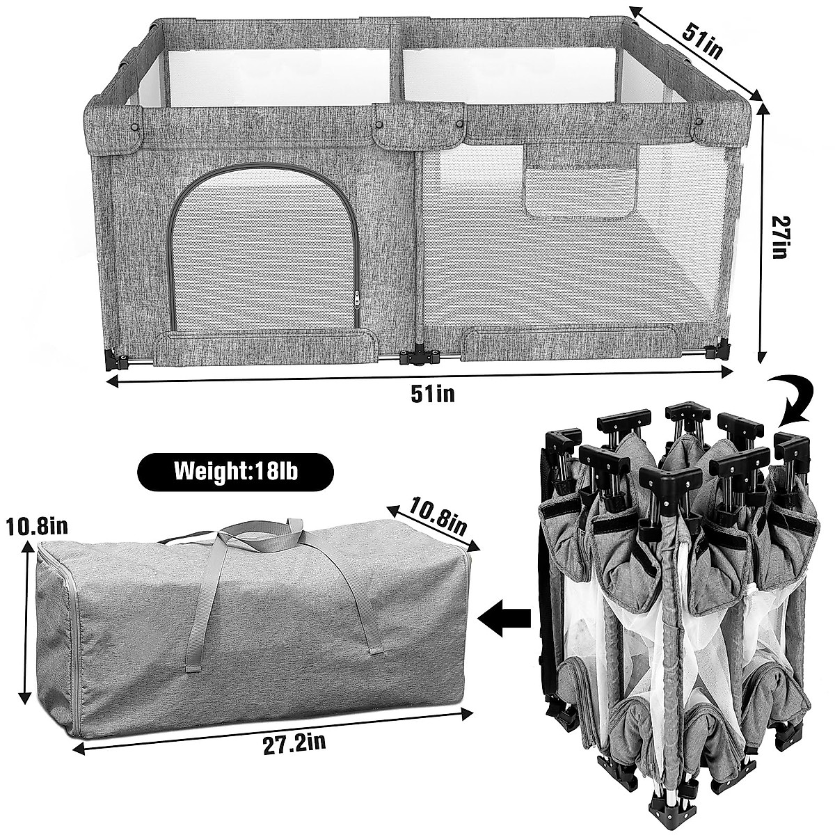 PATYWAGA Foldable Baby Playpen,Collapsible Playpen for Babies and Toddlers, Extra Large Foldable Playpen for Baby with gate, Baby Activity Center with Fence, Indoor & Outdoor Travel Play Pen (51"×51")
