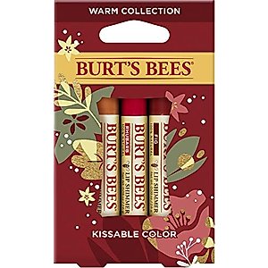 Burt's Bees Kissable Color Holiday Gift Set, 3 Lip Shimmers in Festive Gift Box, Warm Collection in Peony, Fig and Rhubarb
