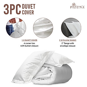 Pizuna Pure 100% Cotton King Duvet Cover with Shams, Luxurious 400 Thread Count Long Staple Cotton Sateen Weave with Hidden Button Closure (Combed White Cotton Duvet Covers King)