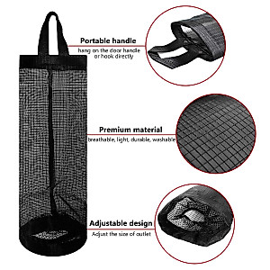 2 Pcs Plastic Bag Holder Trash Bags Storage Dispenser Organizer for Home Kitchen Mesh Hanging Storage Dispensers Recycling Garbage Folding Hanging Storage Bag Grocery Bags Holder with 4 Hooks (Black)