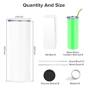 FASTSUB Sublimation Tumblers 20 oz Blank Bulk Luminous Cups Glow in the Dark Straight Stainless Steel Double Wall Vacuum Insulated with Lids and Straws for Tumbler Heat Press Glow Green 6 Pack