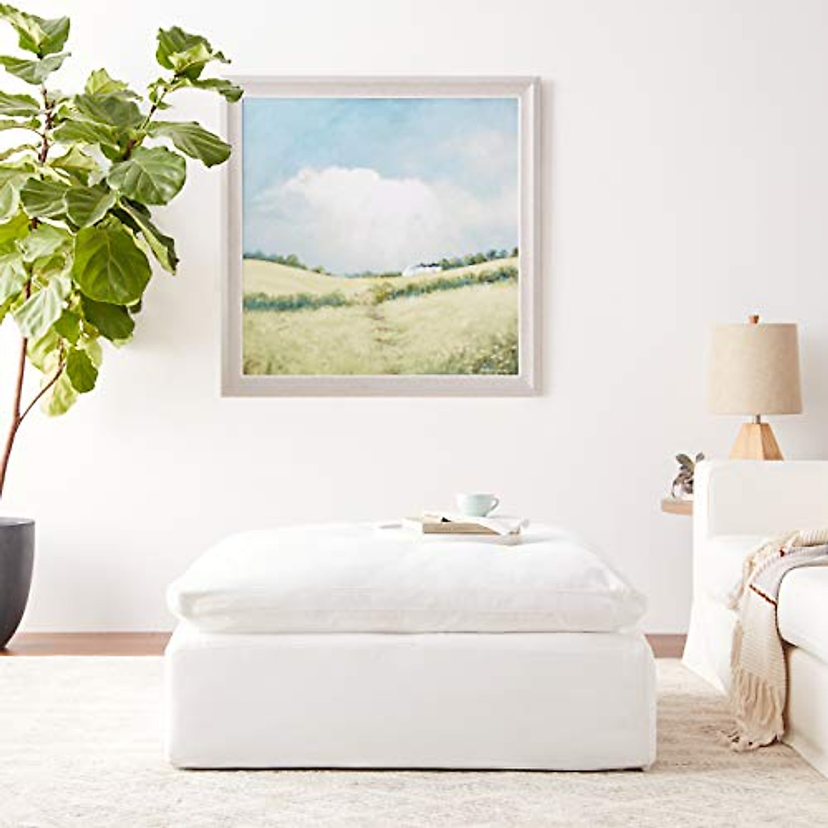 Sunset Trading Contemporary Puff Collection Slipcovered 44" Square Sectional Modular Stain-Proof Water-Resistant Washable Performance Fabric | White Ottoman, Oversized Down Filled Large Sofa Footrest