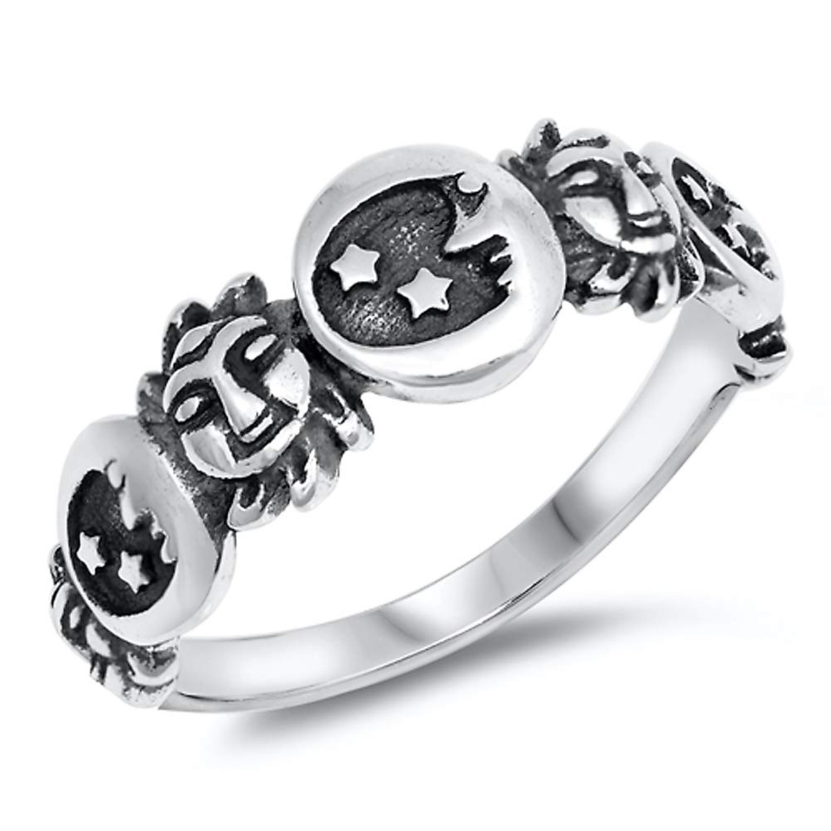 Oxidized Moon Star Sun Mythological Ring .925 Sterling Silver Band Size 6