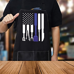 WZMPA USA Flag Thin Blue Line Adjustable Kitchen Apron With Pockets Police Officer Gifts Honor Respect Police Apron (Blue Line apron)