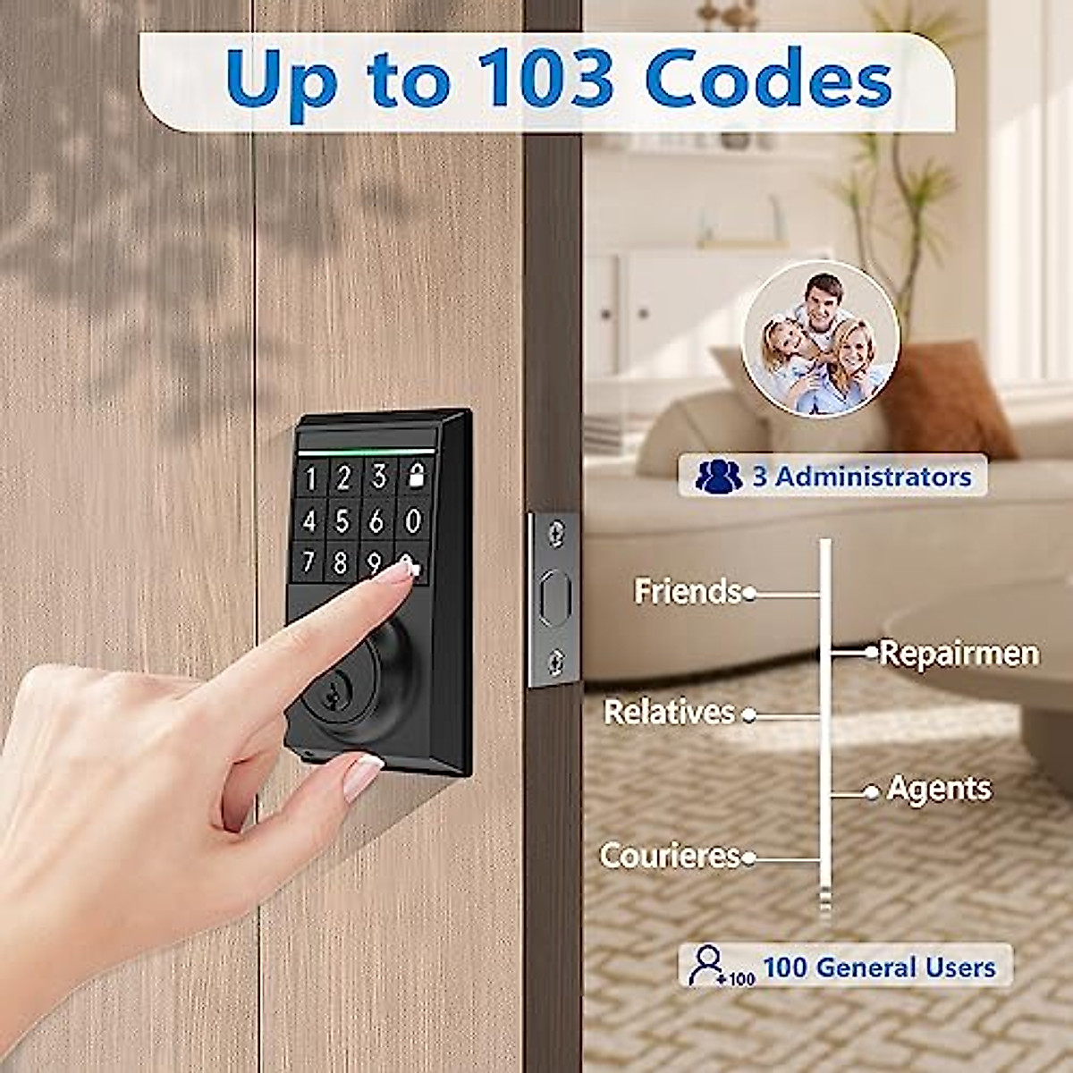 Keyless Entry Door Lock with Keypad, Electronic Smart Lock, Keyless Door Lock with 2 Keys, Electronic Keypad Deadbolt, Door Locks with Keypads, 103 Codes, Auto Lock, Easy Installation, Black