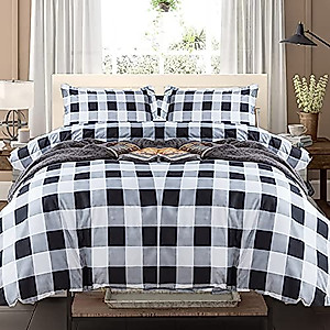 FADFAY Buffalo Plaid College Dorm Duvet Cover Set 100% Microfiber Black and White Gingham Plaid Geometric Checker Bedding Set with Hidden Zipper Closure 3Pc, 1Duvet Cover + 2Pillowcases, Twin XL Size