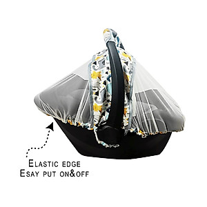 Mosquito Net for Baby CarSeat –Car seat net for Newborn Carrier –Breathable mesh net for Infant Car Seats, Stroller and Bassinets, Carrier, Elastic Edge, Kick Proof, Dinosaur, White, Patent Design