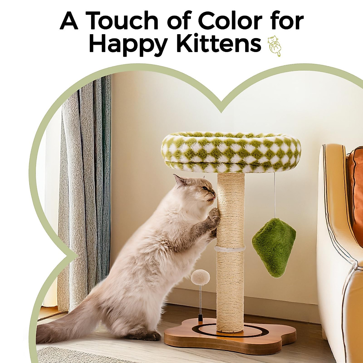 Mewoo Cat Scratching Post with Bed, Cat Tower with Cat Scratcher Post, Small Cat Tree for Indoor Cats, Sisal Cat Scratcher with Removable Cat Perch, Cat Ball Track and Kittens Toys (Green, Medium)