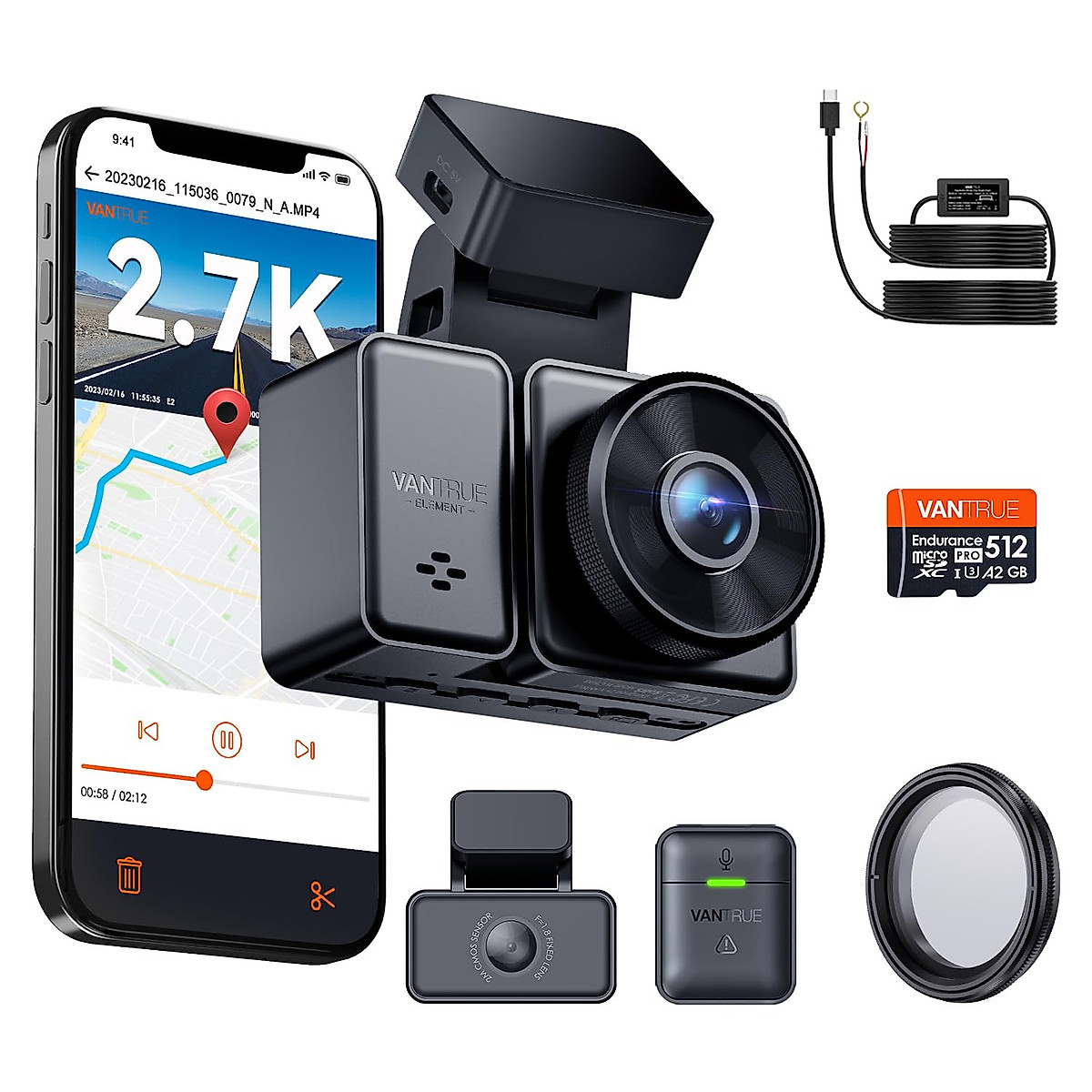 [ Bundle-4 Items: Vantrue E2 2.7K Dash Cam + Vantrue 512GB SD Card + Hardwire Kit+CPL ] 2.7K + 2.7K Dash Cam Front and Rear, Buffered Parking Mode, Night Vision, GPS, Voice Control
