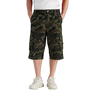 BEST SOUTH Men's Capri Long Twill Cargo Shorts below Knee 13 Inches Cotton Relaxed Fit Casual Multi-Pocket Army Green Camo 36