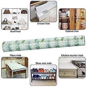 Shelf Liner, Waterproof Refrigerator Liner, Drawer Liners for Kitchen Cabinet, Bathroom Sink Mat No Slip Cupboard Mats Non Adhesive Fridge Liner EVA Place Mats Roll - Leaf Daisy 17.7"×78.7"