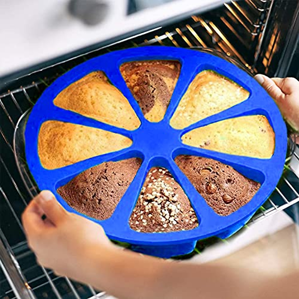 Meajore 2 Pcs Silicone Cake Scone Pan,Triangle 8 Cavity Pizza Cake Pan,Internal Diameter 4 inch Cake Pan for Brownies Muffins,Cheesecake,Cornbread Kitchen Baking Shapes (Blue)