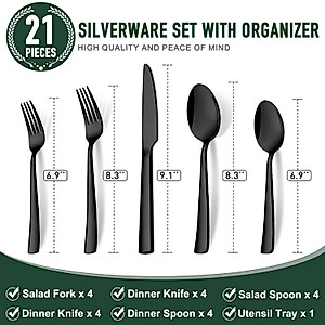 21-Piece Black Silverware Set with Organizer Tray Stainless Steel Cutlery Utensil Set Kitchen Spoons and Forks Set Tableware Set Heavy Duty Flatware Set Service for 4 Forks Spoons and Knives Set
