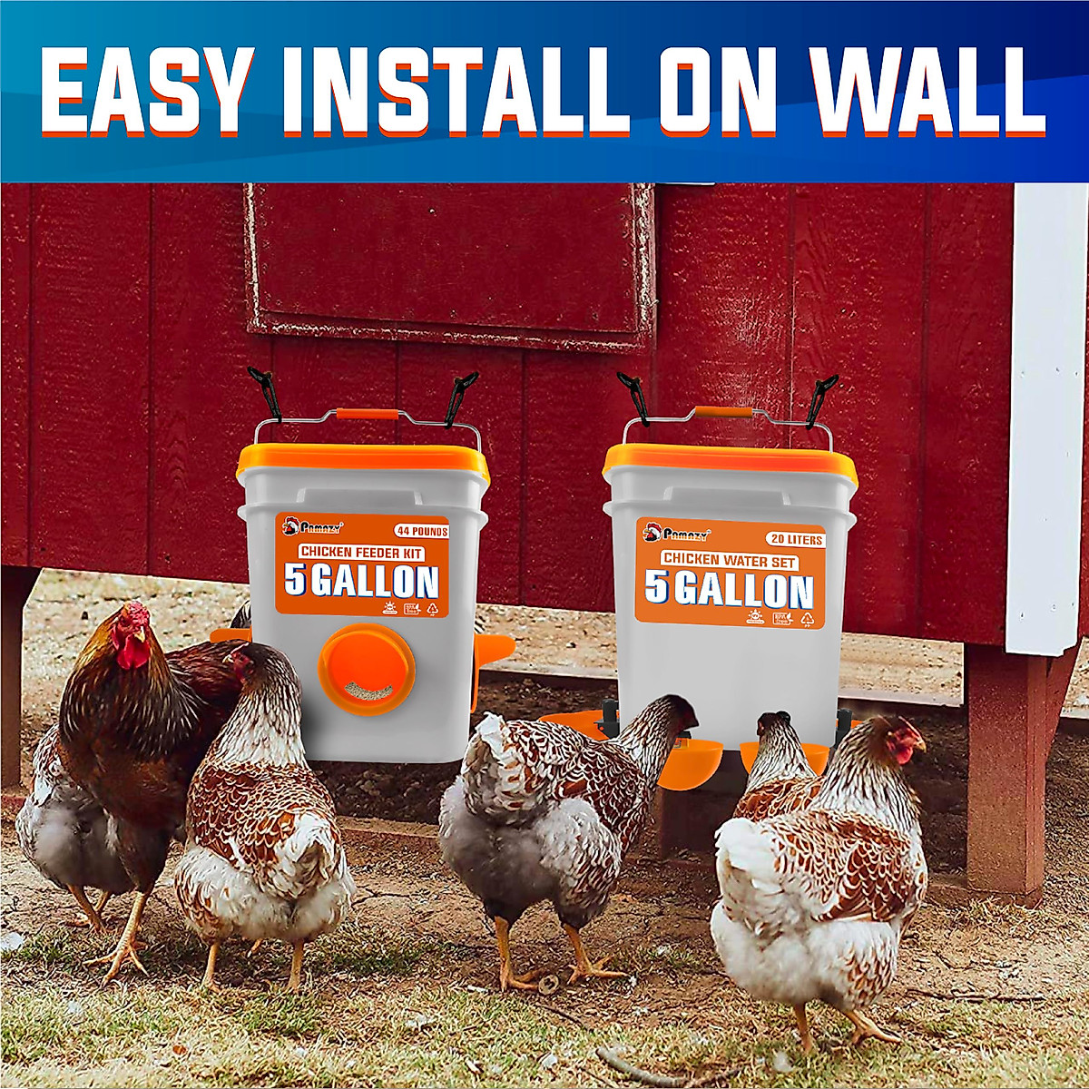 PAMAZY 5-Gallon/44 Pounds Automatic Chicken Feeder &Waterer Set2 Buckets),Chicken PortWater Cup NoWaste,Rain Proof Poultry Feeder,Avoid Small Animals. Suitable for Chicken,Duck,Turkey,Grey,OrangeCKF)