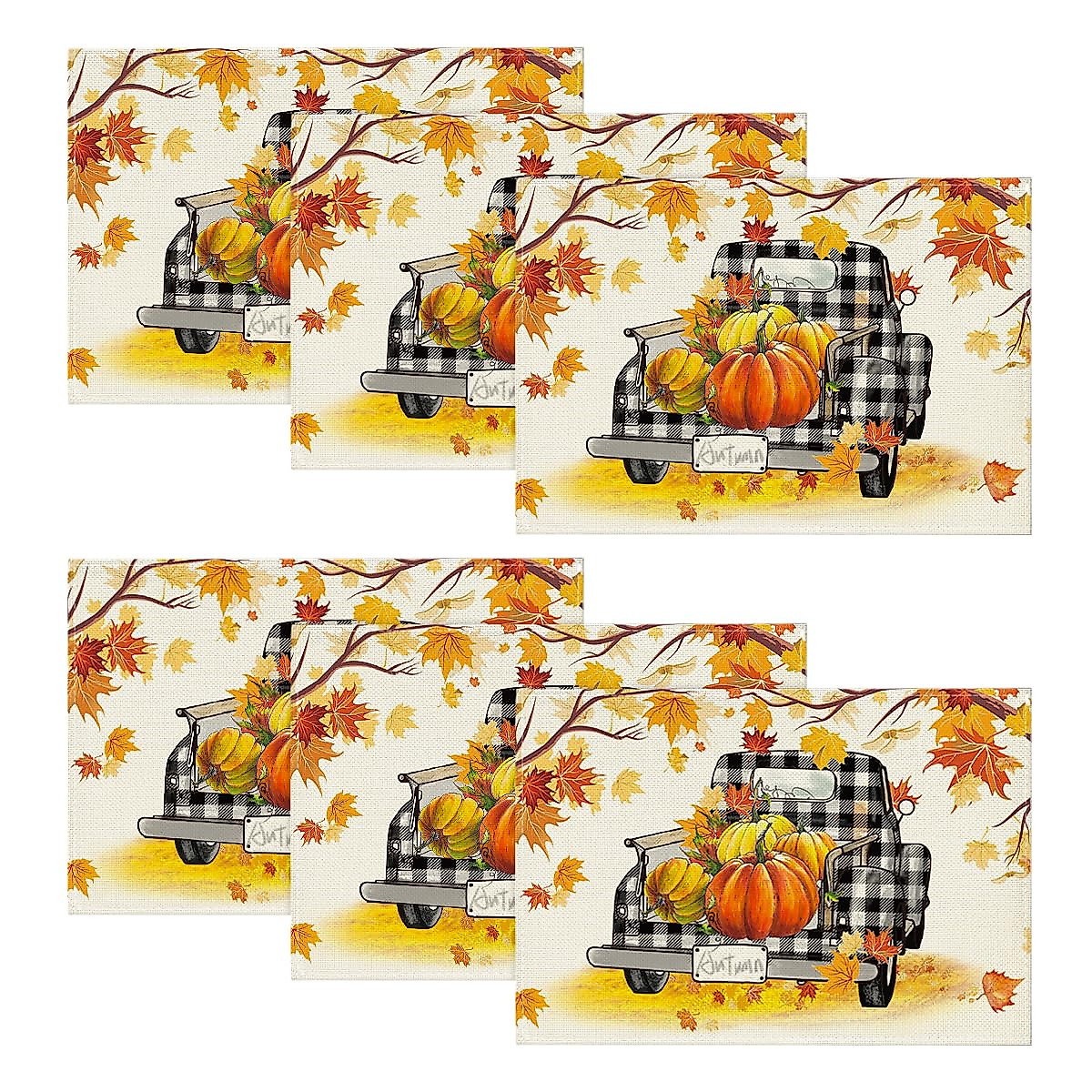 Artoid Mode Maple Leaves Pumpkins Buffalo Plaid Truck Placemats Set of 8, 12x18 Inch Fall Autumn Thanksgiving Harvest Table Mats for Dining Decoration