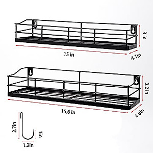 Lyeasw Metal Black Floating Shelves Wall Mounted with 8 Removable Hanging Hooks, 15-Inch Iron Shower Shelf Organizer for Bathroom Kitchen Storage Rack, Set of 2
