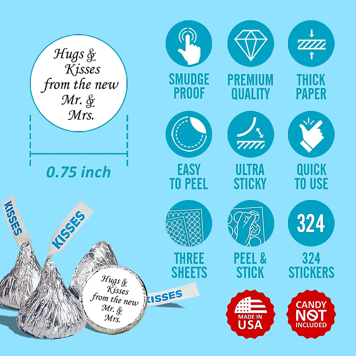 324 Hugs and Kisses from The New Mr. & Mrs. Kiss Wedding Stickers, Chocolate Drops Labels Stickers for Weddings, Bridal Shower Engagement Party Decorations, Kisses Favors Decor. Made in USA