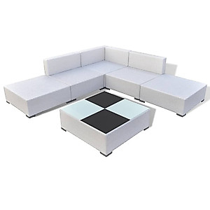 vidaXL Outdoor Patio Lounge Set - White PE Rattan Design with Black Cushions - 6 Piece Set with Corner Sofa, Center Sofas, Ottomans, and Tea Table - Easy Assembly