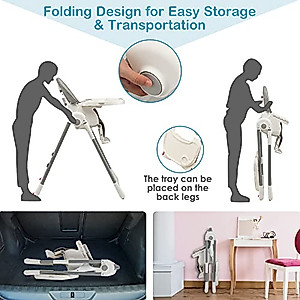 INFANS High Chair for Babies and Toddlers, Foldable Highchair with 7 Different Heights 4 Reclining Backrest Seat 3 Setting Footrest, Removable Tray Built-in Rear Wheels with Locks (Grey)