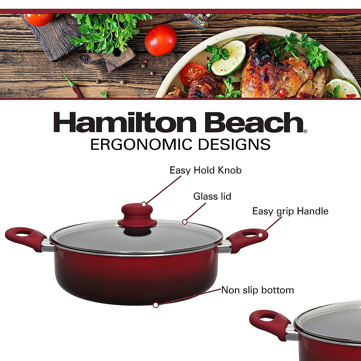 Hamilton Beach Low Dutch Oven Pot 12 Inch Red, Nonstick Cooking Pot with Soft Touch Bakelite Handle & Glass Lid | Superb Heat Conduction Deep Fryer Pot, Multipurpose Use