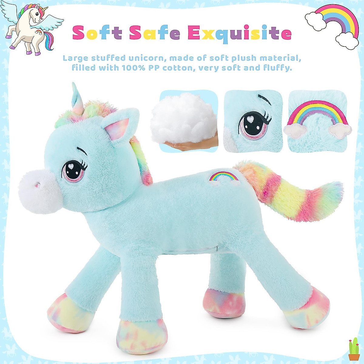 Tezituor 43" Big Unicorn Stuffed Animal, Cute Plush Toy Gift for 3-8 Years Old Girls, Large Soft Stuffed Unicorn Pillow, Gift for Christmas Birthday Valentine's Day (Blue)