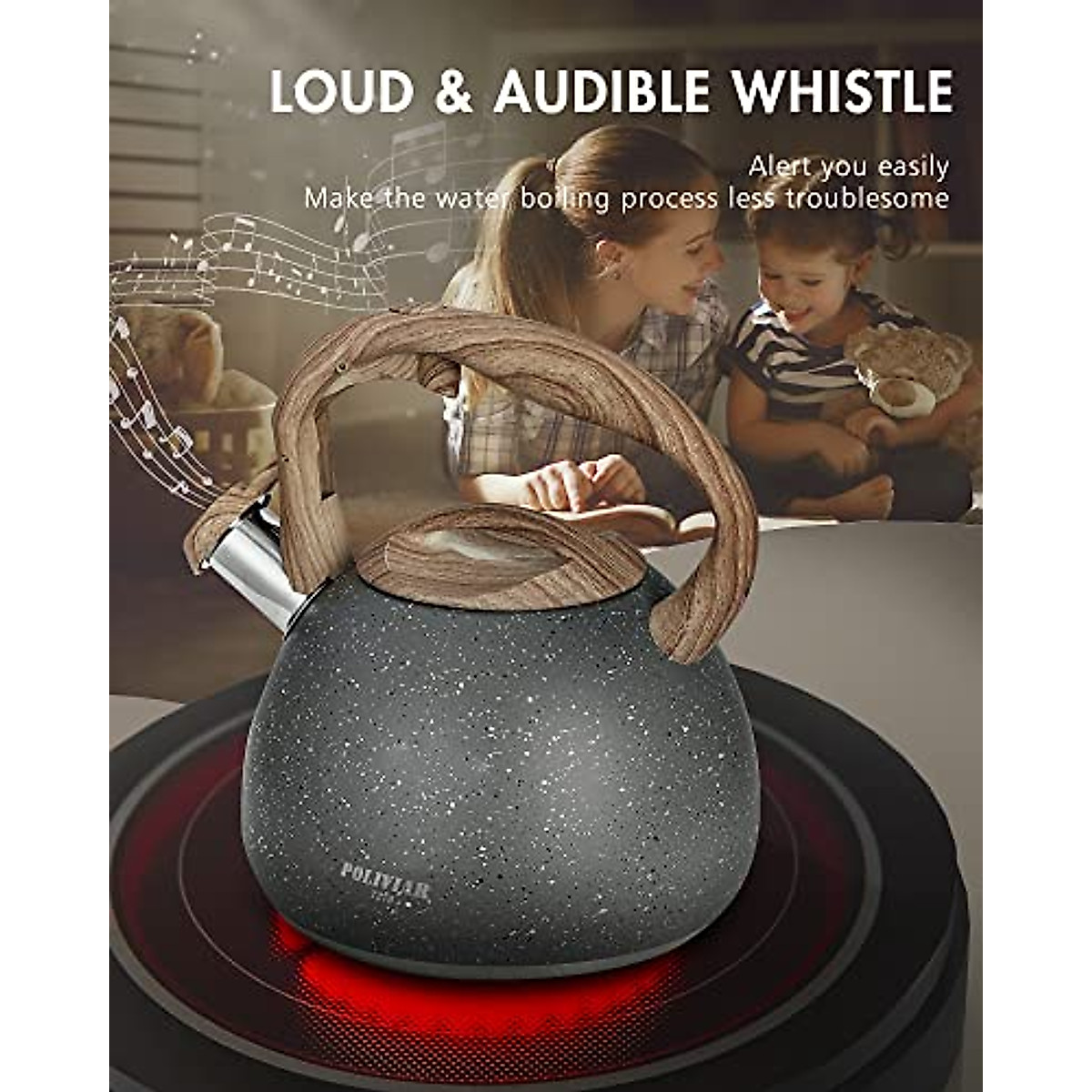 POLIVIAR Tea Kettle, 2.7 Quart Natural Stone Finish with Wood Pattern Handle Loud Whistle Food Grade Stainless Steel Teapot, Anti-Hot Handle and Anti-Rust, Suitable for All Heat Sources (JX2018-GR20)