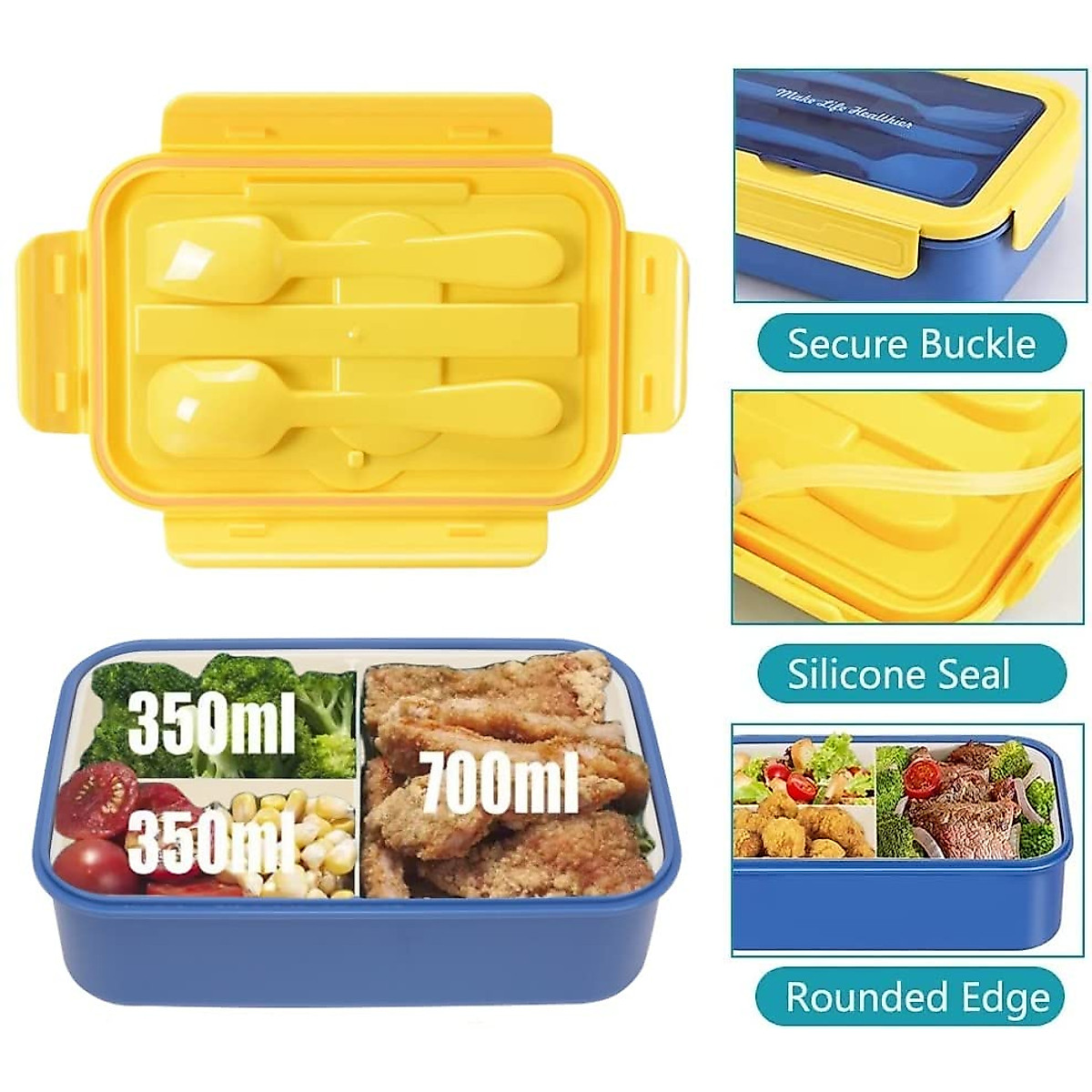 Gere Bento Box,1400 ML, Lunch Box With Spoon & Fork, Comes with Insulated Lunch Bags - Durable Perfect Size for On-the-Go Meal, Microwave Dishwasher Safe (Blue)