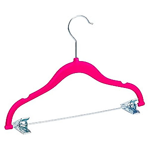 24 Pack Hot Pink Velvet Hangers with Clips for Kids, Baby Nursery, Children's Closet, Dresses, Shirts, Pants, Skirts, Ultra Thin, Nonslip, Space-Saving (12 Inches)