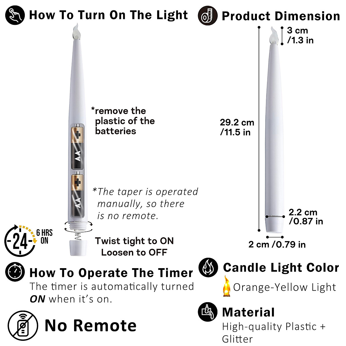 Furora LIGHTING Black Glittery LED Taper Candles Pack of 2, Flameless Flickering Taper Candles with Timer for Home Décor Holiday Décor, Battery Operated