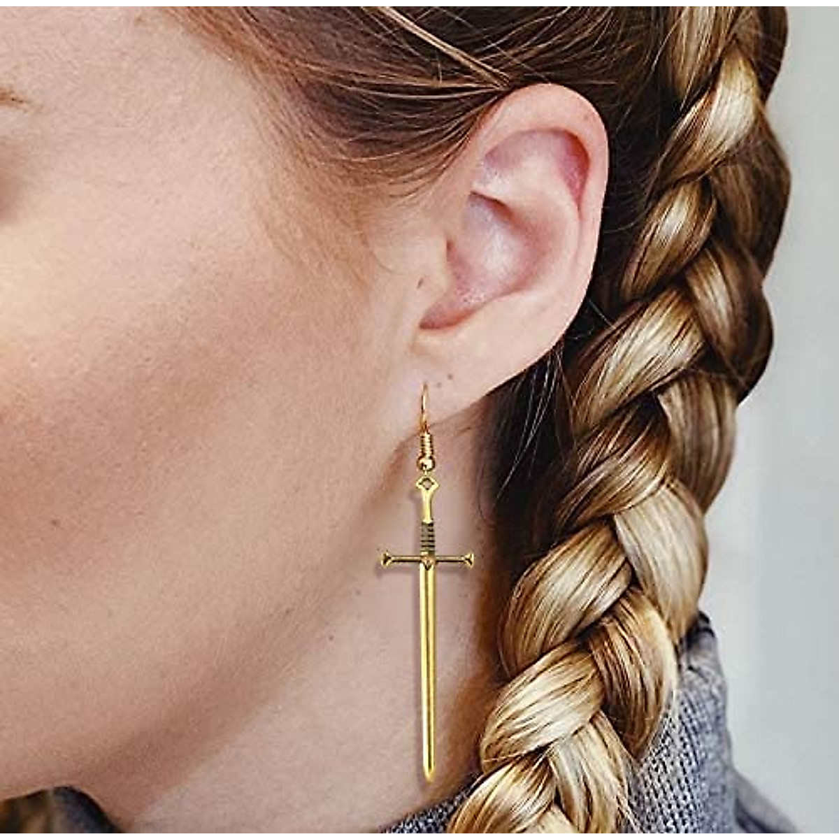 Gothic Vintage Silver Sword Cross Dangle Hook Earrings Retro Punk Knife Earrings Jewelry for Women(antique gold)